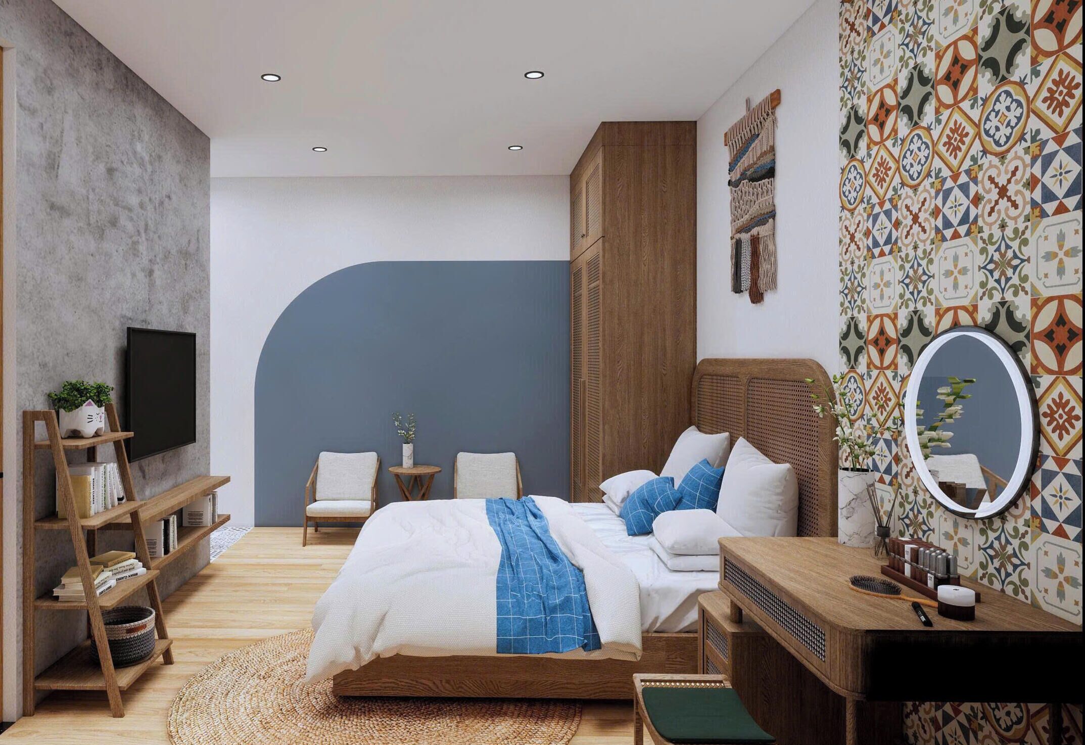 Quarto moderno com cama, mesas de cabeceira, televisão e parede estampada.
