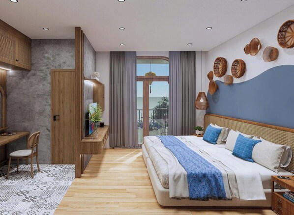 Quarto Duplo Deluxe, varanda, Vista para a cidade | Secretária, secretária adequada para computadores portáteis 