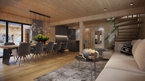 Um interior moderno com área de jantar, cozinha e sala de estar.
