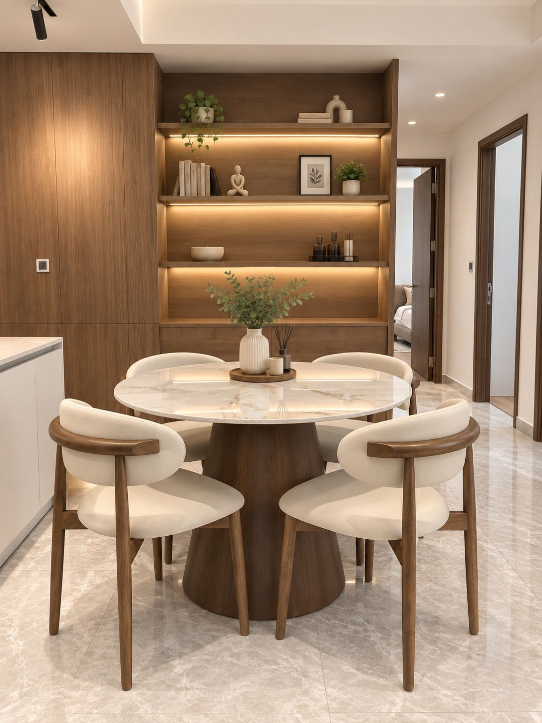Uma área de jantar moderna com uma mesa redonda e seis cadeiras, rodeada por estantes de madeira com objetos decorativos.