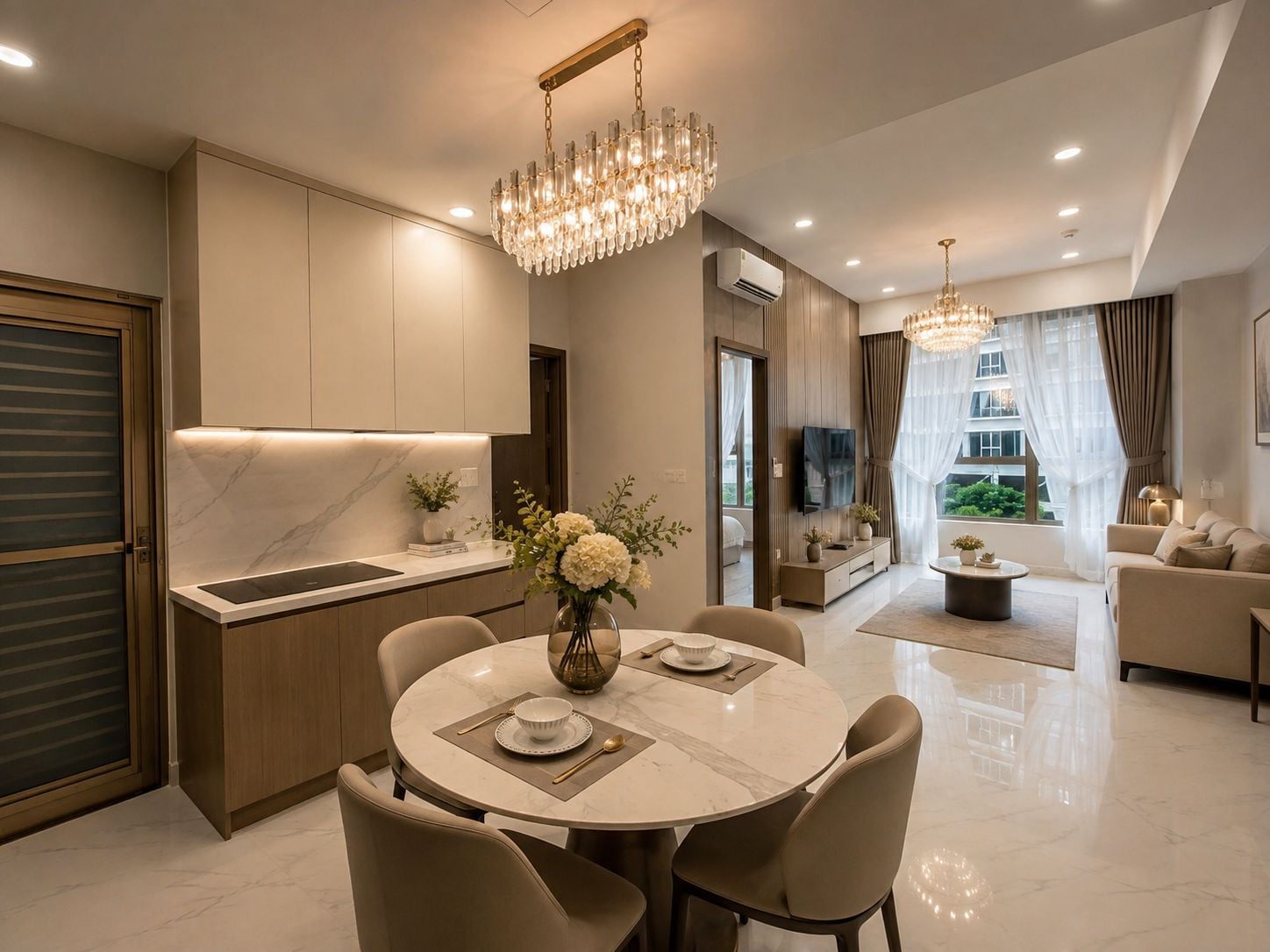 Uma cozinha moderna com bancada de mármore, mesa de jantar com cadeiras e um candelabro.