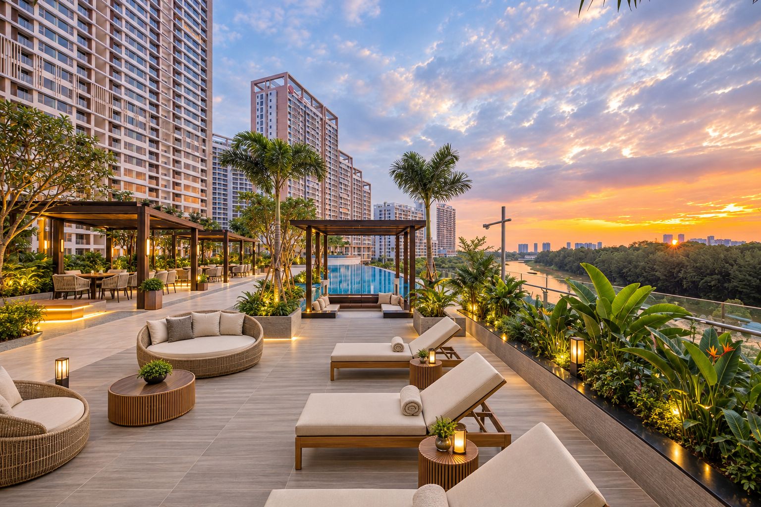 Terraço no telhado com área de estar ao ar livre, piscina e vista para o horizonte da cidade.