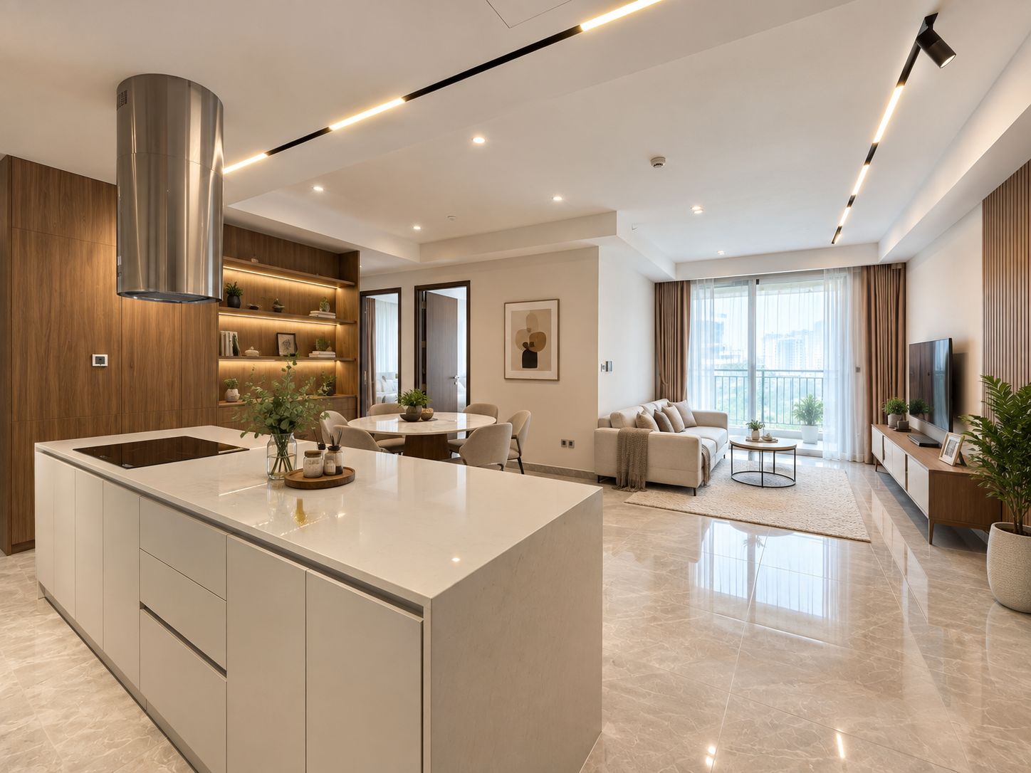 Um apartamento moderno com cozinha central e ilha, sala de estar com sofá e TV, e varanda com vista.
