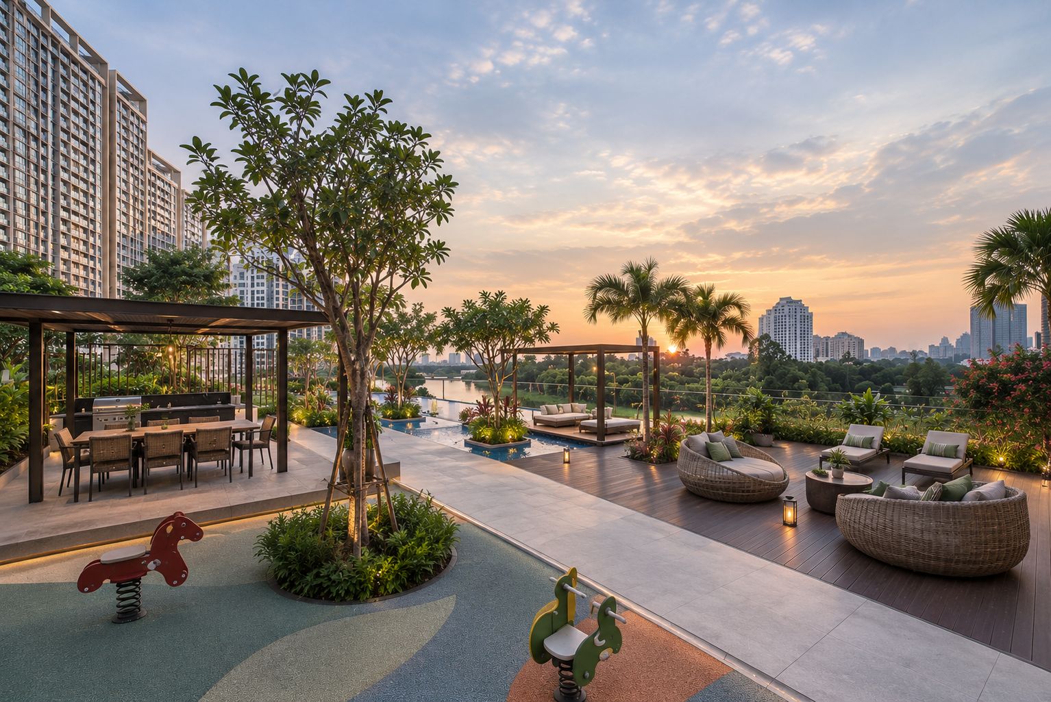 Jardim no terraço com área de estar ao ar livre, piscina e vista para o horizonte da cidade.