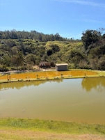 Um lago calmo com um pequeno edifício e bancos, cercado por vegetação exuberante e colinas.