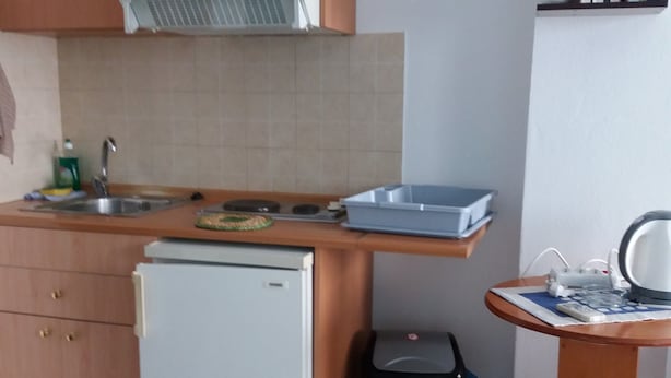 A compact kitchen with a refrigerator, a sink, and a small trash bin.