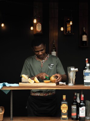Uma pessoa preparando uma bebida com uma garrafa de gin, uma garrafa de vodka e um copo em um balcão de bar.