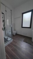 Uma casa de banho com cabine de duche em vidro, sanita e janela com moldura preta.