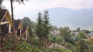 Zona residencial numa encosta, com casas, um jardim florido e montanhas ao fundo.