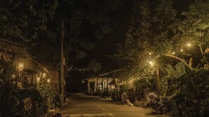 Cena noturna de rua com edifícios de ambos os lados, uma via pavimentada e luzes de Natal.