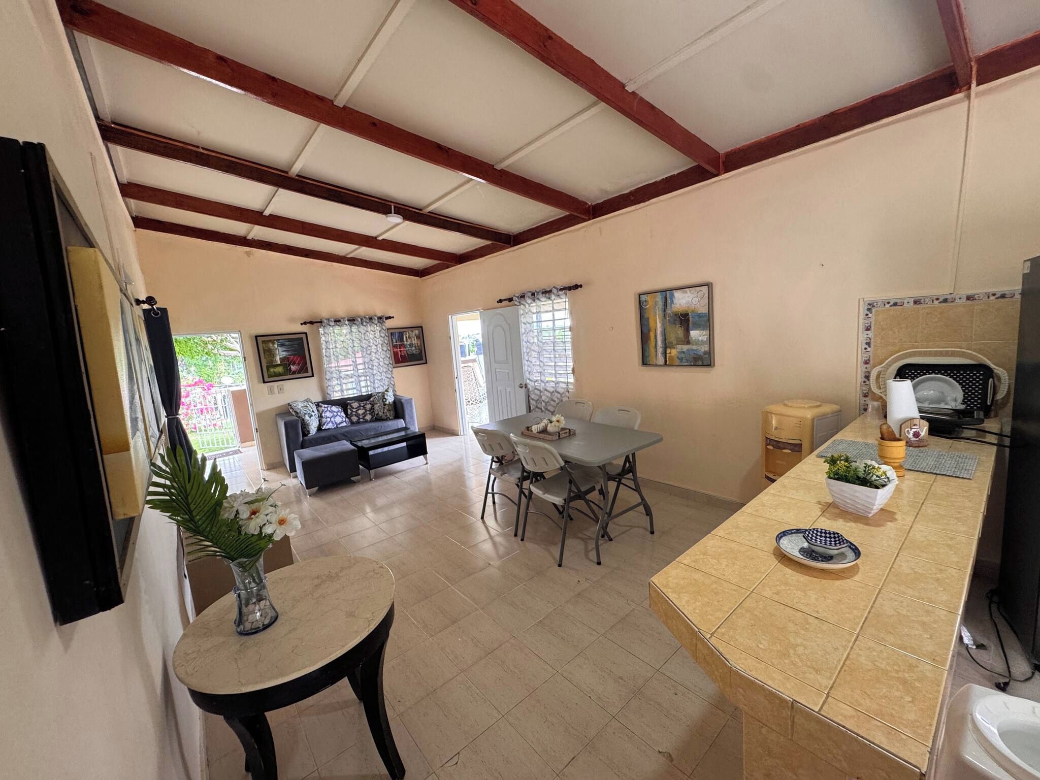 Uma sala espaçosa com mesa de jantar, sofá e cozinha equipada com frigorífico e pia.