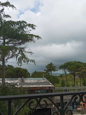 Um edifício com guarda-corpo de metal, rodeado de árvores e um céu nublado.