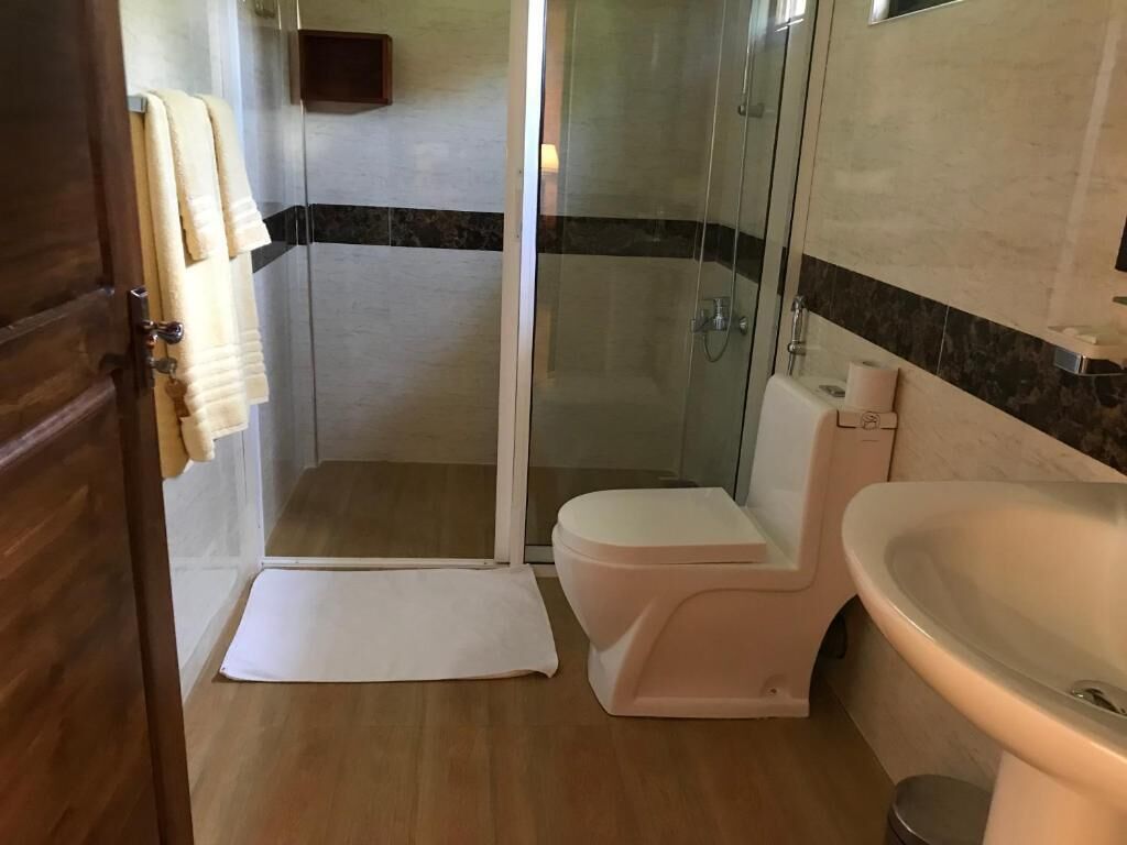 Casa de banho com chuveiro em box de vidro, sanita e lavatório.