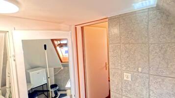 Casa de banho com chuveiro, sanita e lavatório. Uma porta dá para outro espaço.