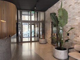 Um saguão com balcão de recepção, uma grande planta em vaso e uma porta de vidro que dá para o exterior.