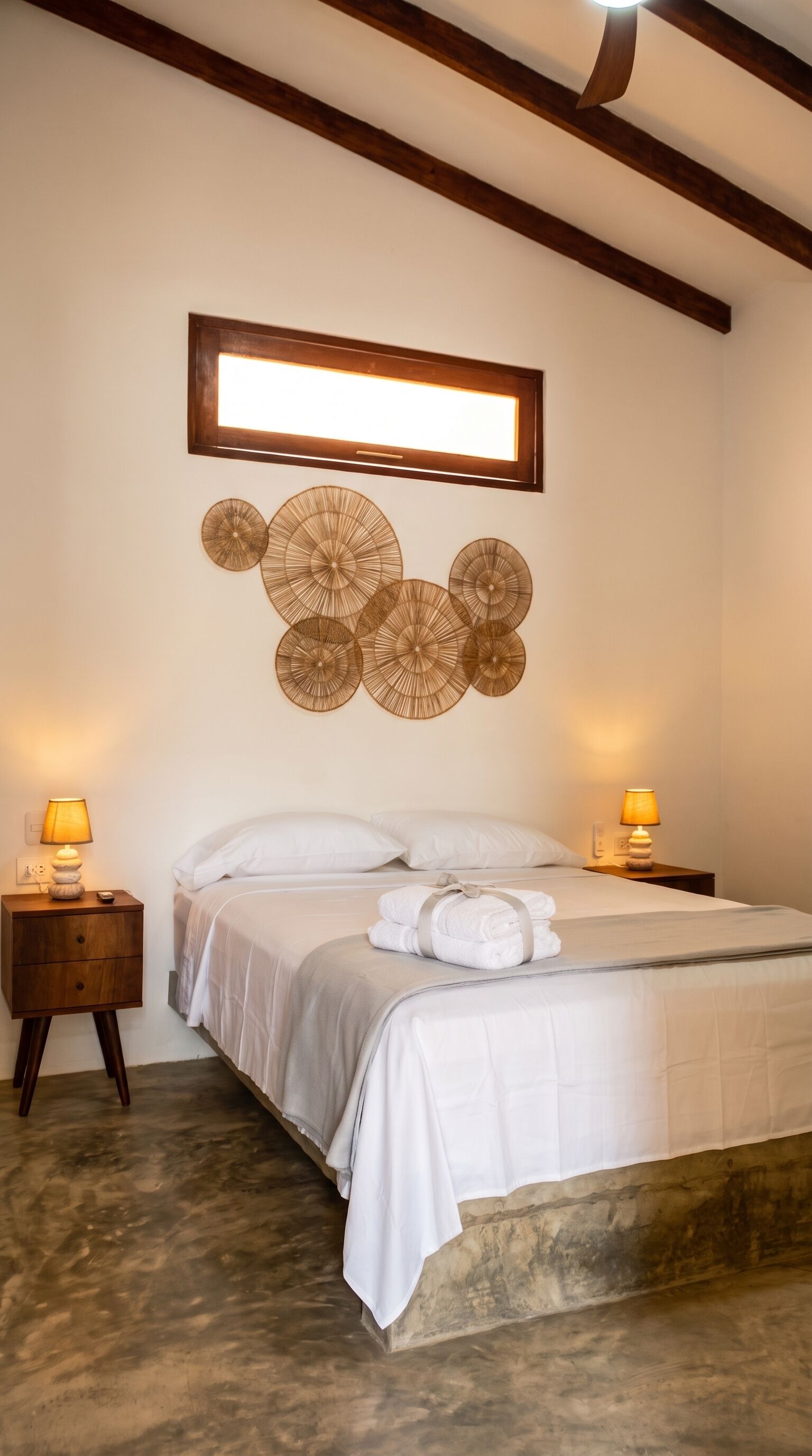 Quarto com cama, duas mesas de cabeceira, luminária fixada na parede e um objeto decorativo.