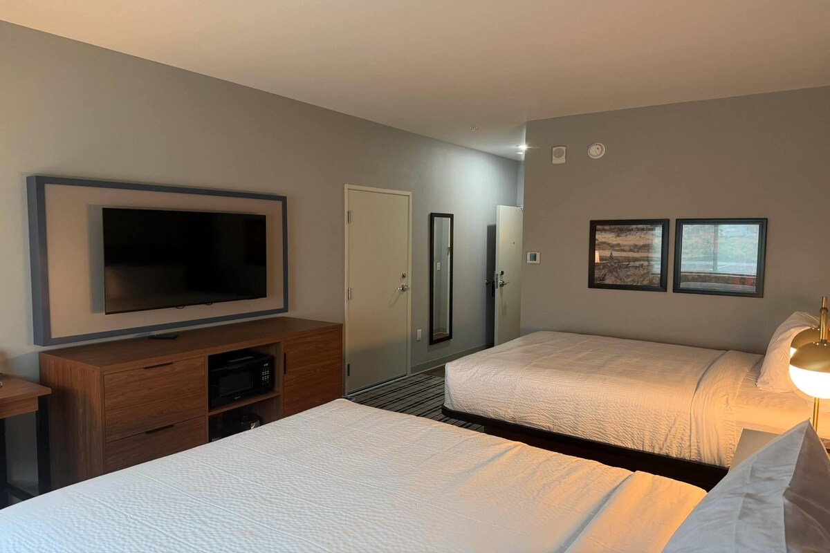 Quarto de hotel com duas camas, uma televisão, um espelho e duas fotos emolduradas na parede.