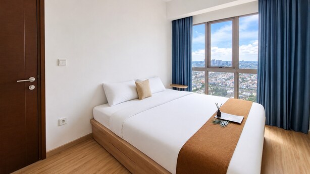 Quarto de hotel com cama, janela com cortinas, vista para a paisagem urbana e piso de madeira.