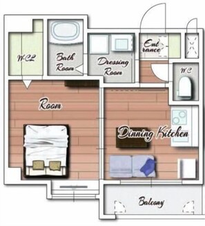 Planta baixa de um quarto de hotel com banheiro, vestiário, cozinha e varanda.