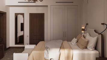 Suíte executiva | Roupas de cama premium, camas com colchões pillow-top, frigobar