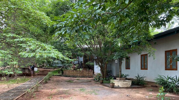 Um jardim rústico com um caminho que leva a um edifício branco com janelas de madeira.