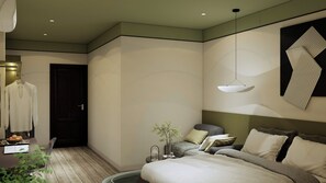 Quarto moderno com cama, mesa de cabeceira, abajur e vista para o corredor.