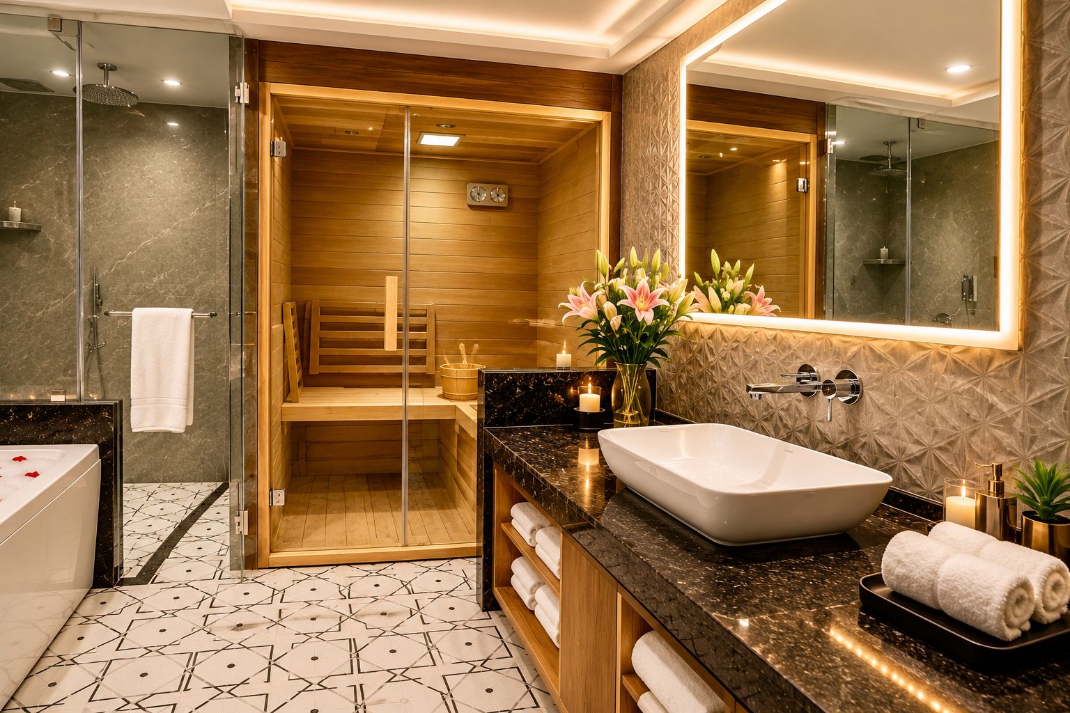 Uma casa de banho moderna com sauna, um espelho grande, uma banheira independente e uma toucador com lavatório.