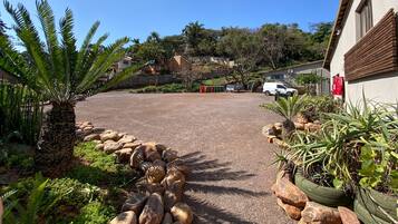 Um caminho de paralelepípedos leva a um edifício com fachada branca e design em ripas de madeira.