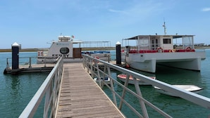 Um cais com uma passarela de madeira que leva a um barco branco com detalhes vermelhos, e um barco menor atracado nas proximidades.