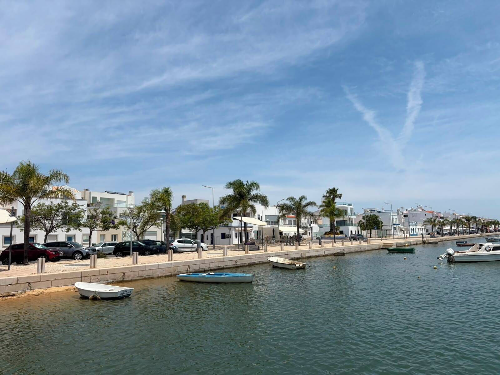 Uma área à beira-mar com carros estacionados, barcos e palmeiras na orla.