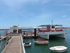 Um cais de ferry com um cais de madeira, um ferry branco chamado 'FERRY' e dois barcos pequenos chamados 'CESARTATY' e 'PANTERA NEGRA'.