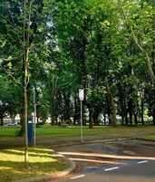 Um parque com um sinal de estacionamento, árvores e uma trilha.