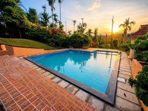 Piscina retangular com deck ladrilhado, rodeada por vegetação exuberante e palmeiras.