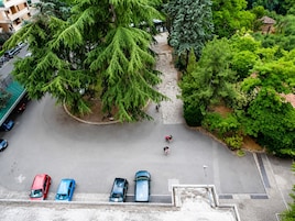 Vista aérea de um estacionamento com vários carros, um caminho de pedra e vegetação ao redor.