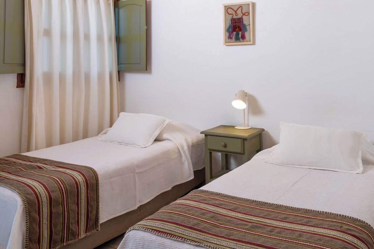 Quarto duplo com duas camas, uma mesa de cabeceira com luminária, uma janela com cortinas e uma obra de arte pendurada na parede.