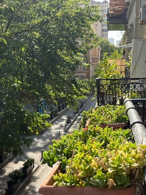 Varanda com vasos de plantas, grade de metal e vista para uma rua urbana com edifícios.