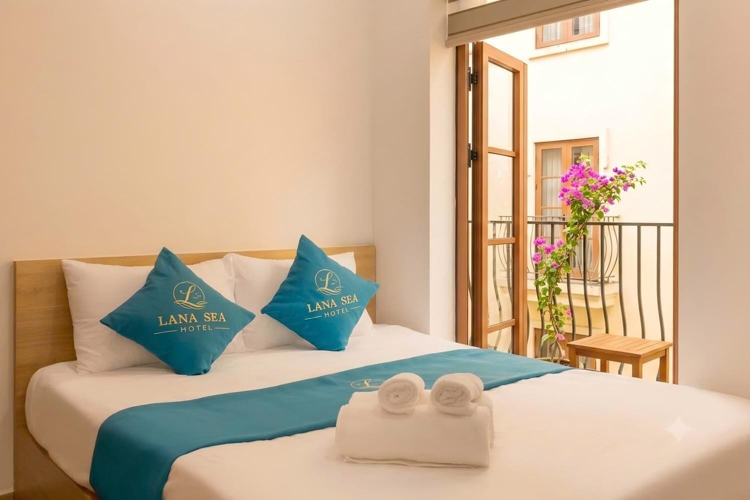 Quarto de hotel com uma cama, duas almofadas com o logotipo do hotel, um edredom azul e uma varanda com uma cadeira e um vaso de plantas.