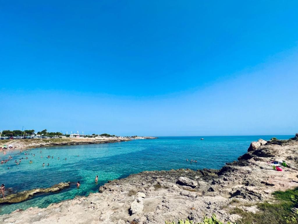 Cena de praia costeira com águas azul-claras, margem rochosa e edifícios ao longe.
