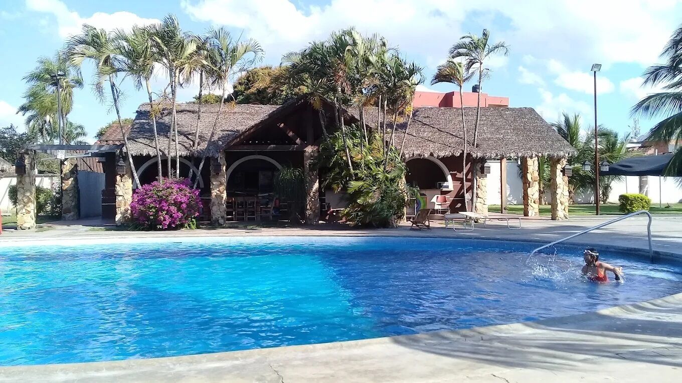 Piscina com estrutura de telhado de palha e palmeiras ao fundo.