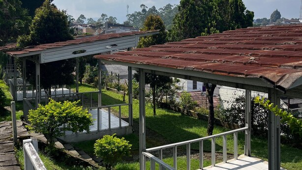 Uma área externa coberta com piso de azulejos, cercada por vegetação e árvores.