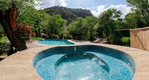 Piscina com borda em azulejo, cercada por vegetação e uma montanha ao fundo.