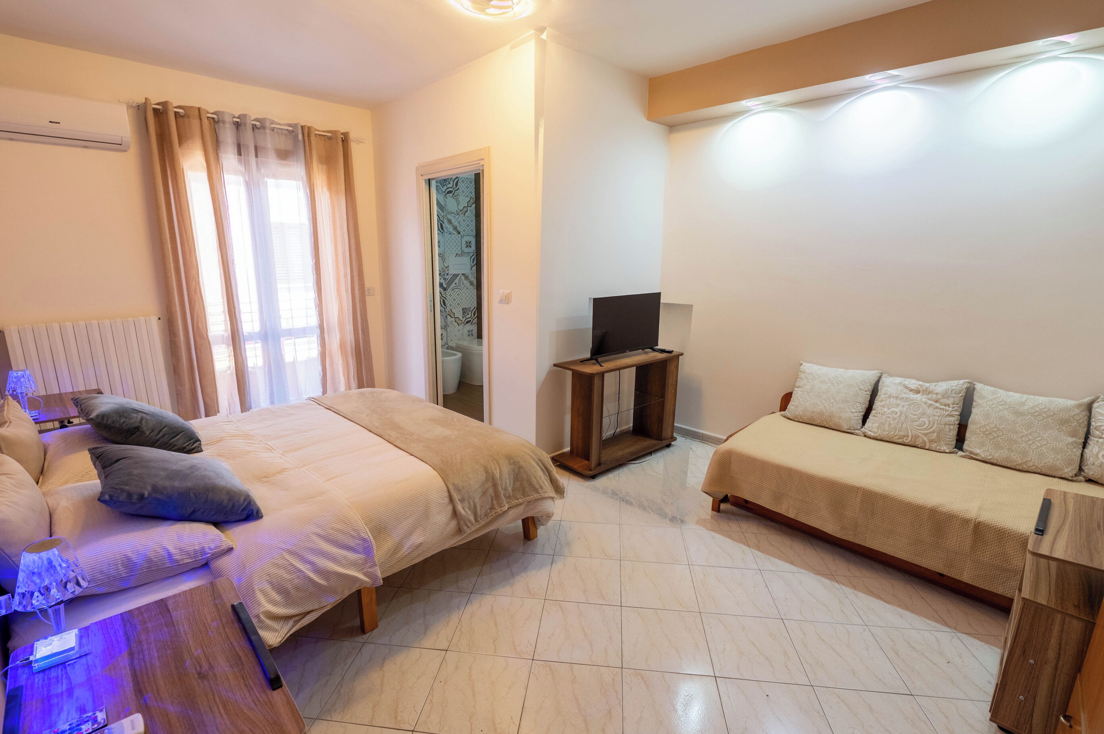 Quarto com cama, sofá, televisão em móvel e banheiro com chuveiro.