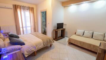 Quarto com cama, sofá, televisão em móvel e banheiro com chuveiro.