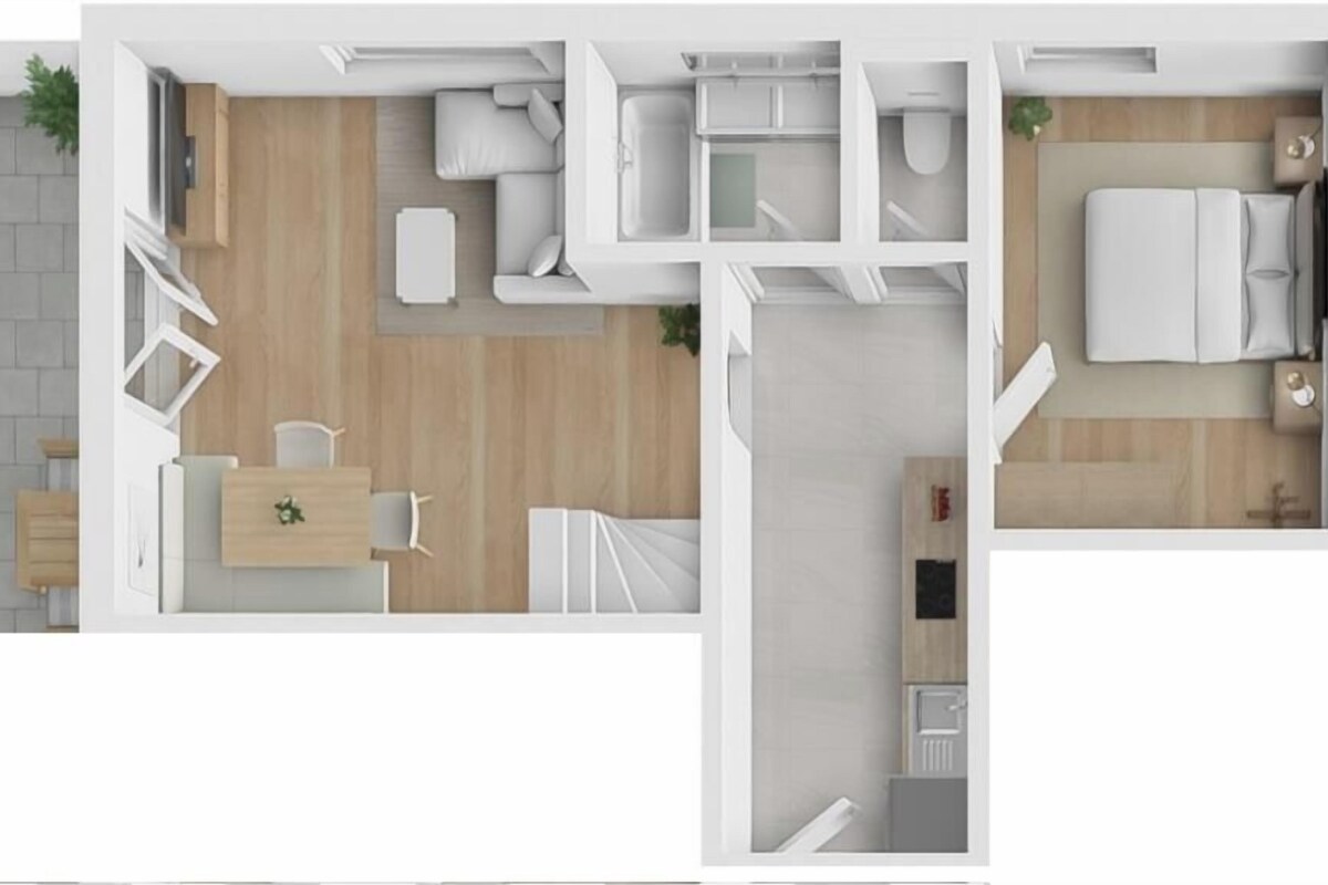 Disposição moderna de apartamento com cozinha, sala de jantar, sala de estar e um quarto.