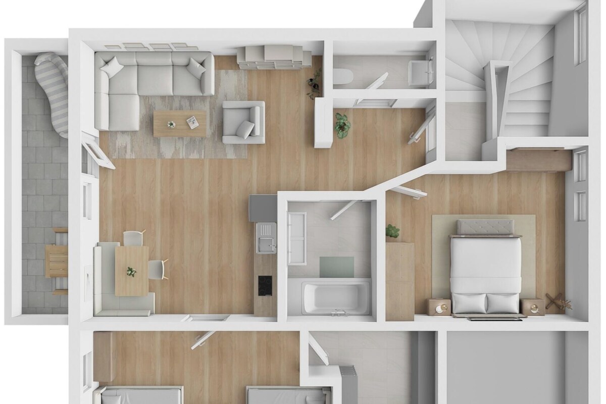 Planta baixa de um apartamento moderno, com sala de estar, sala de jantar, cozinha, dois quartos e escada.