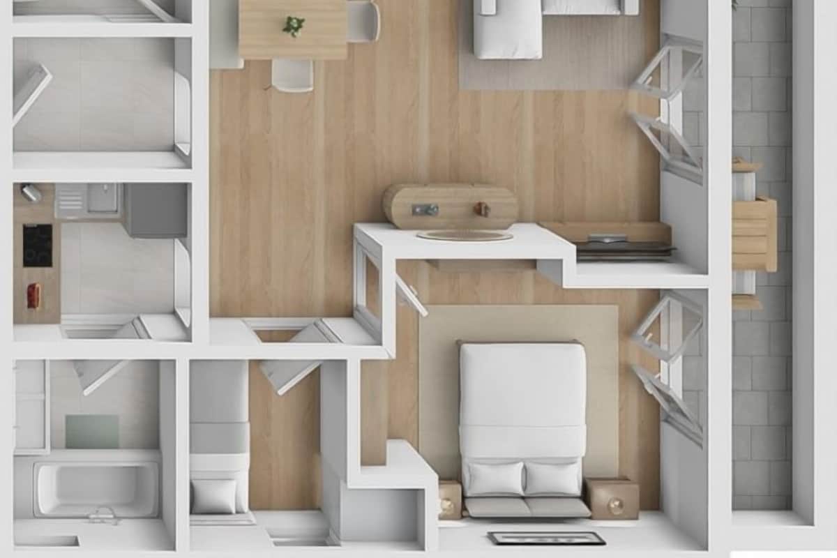 Um interior moderno com cozinha, sala de jantar e quarto com cama grande e mesas de cabeceira.