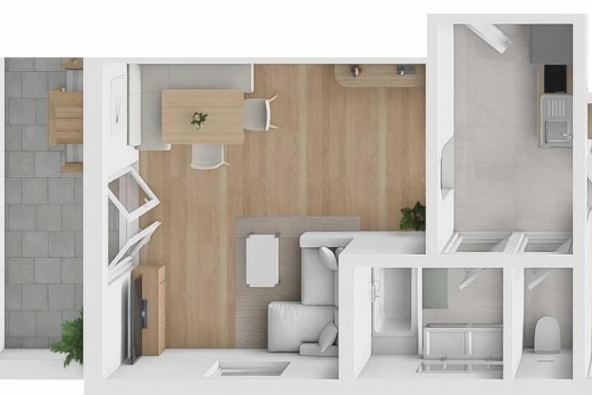 Disposição moderna de apartamento com cozinha, sala de jantar e banheiro separado.