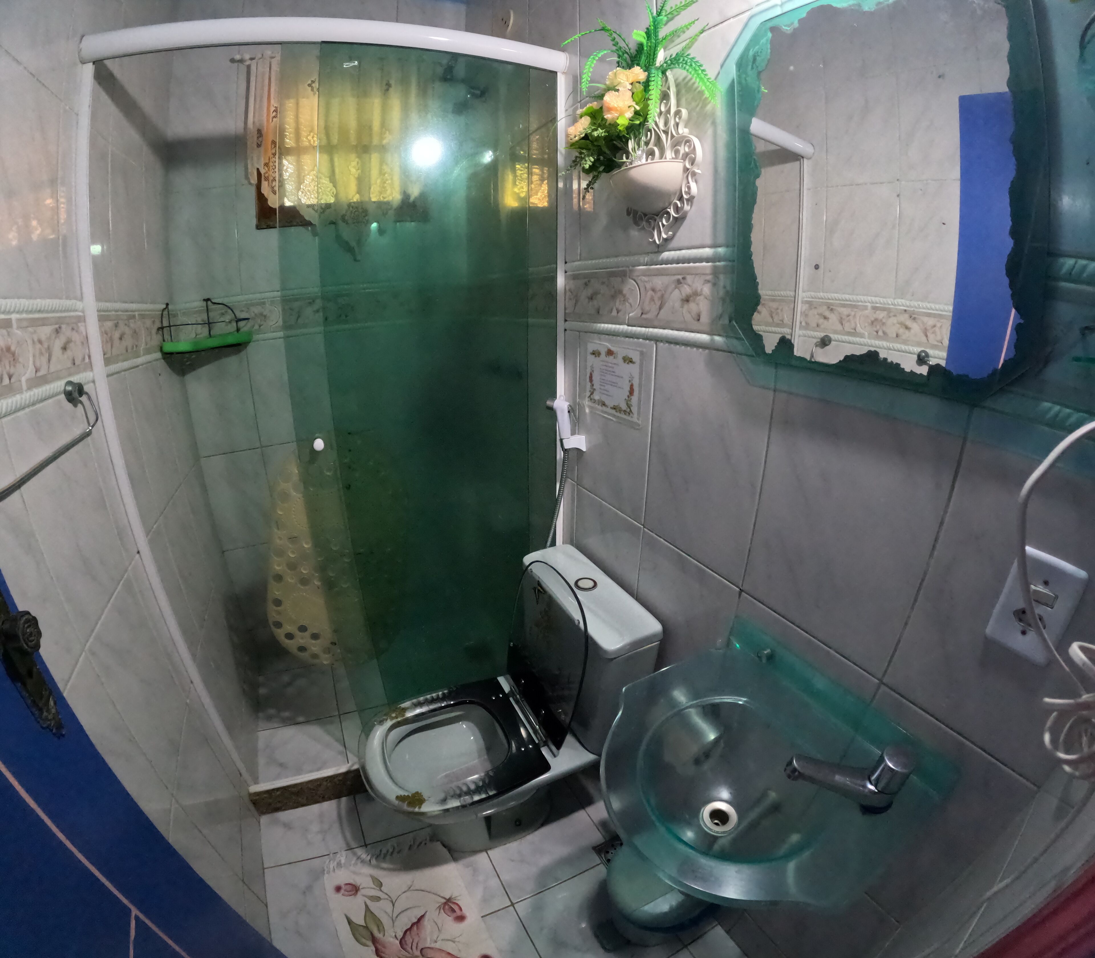 Um banheiro com chuveiro em box de vidro, vaso sanitário e pia.