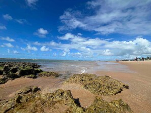 Praia com pedras em primeiro plano, céu claro e linha de costa distante.