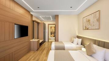 Quarto de hotel com piso de madeira, televisão de tela plana, cama com roupa de cama branca, cabeceira com iluminação integrada e um quadro na parede.
